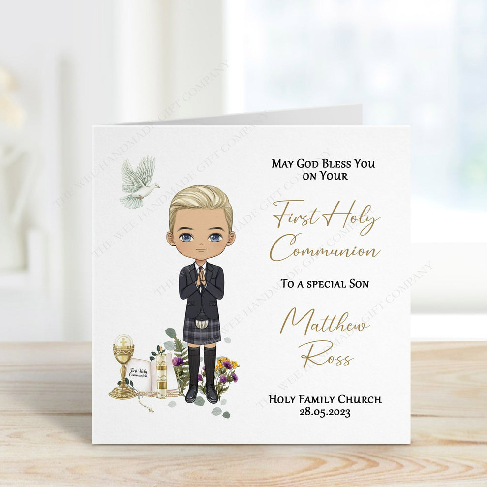 First Communion card for boy with kilt – The Wee Handmade Gift Company